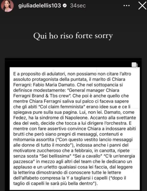 Selvaggia Lucarelli asfalta i Ferragnez, Giulia De Lellis: "Qui ho riso forte" e poi cancella tutto
