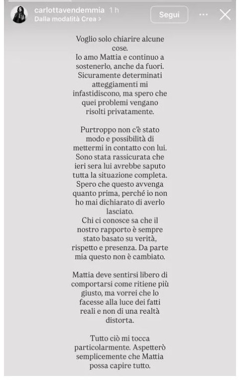 Grande Fratello, parla Carlotta Vendemmia: "Amo Mattia e continuo a ...